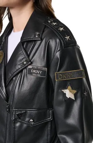 Dkny Faux Leather Patch Embellished Bomber Jacket