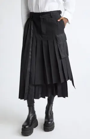 Sacai Pleated Mixed Media Midi Skirt - Black