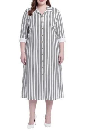 STANDARDS & PRACTICES Stripe Button-up Midi Shirtdress - Light Grey