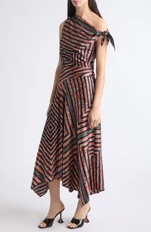 Staud Portia One-shoulder Stripe Silk Midi Dress - Studio