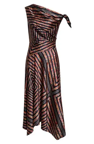 Staud Portia One-shoulder Stripe Silk Midi Dress - Studio