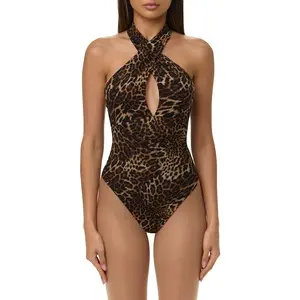 Naked Wardrobe Twist Neck Leopard Print Bodysuit - Spotted Leopard