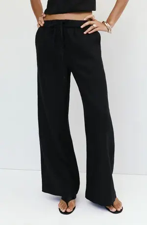 Mango Pull-on Wide Leg Linen Pants - Black
