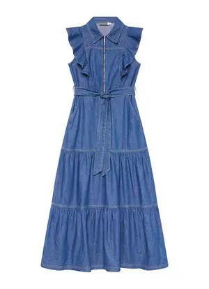 Mint Velvet Denim Ruffle Maxi Shirt Dress
