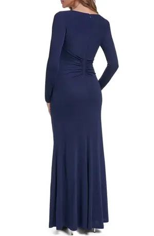 Eliza J Beaded Detail Side Ruched Long Sleeve Gown