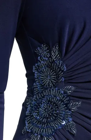 Eliza J Beaded Detail Side Ruched Long Sleeve Gown