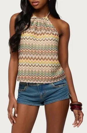 EDIKTED Kelsie Zigzag Open Knit Halter Top - Multi