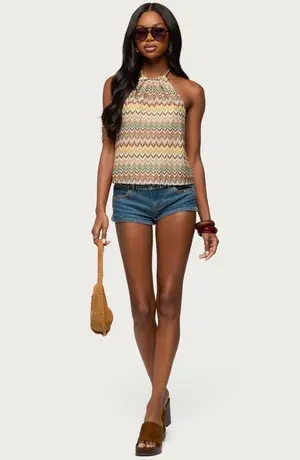 EDIKTED Kelsie Zigzag Open Knit Halter Top