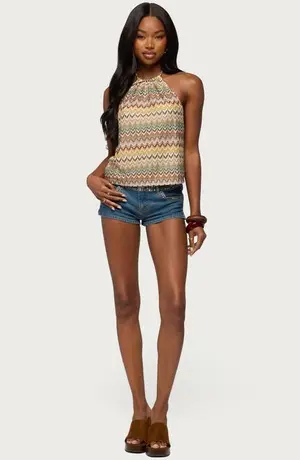 EDIKTED Kelsie Zigzag Open Knit Halter Top