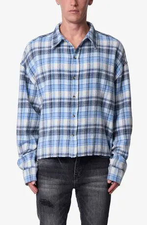 Mnml Washed Cropped Flannel Shirt - Blue