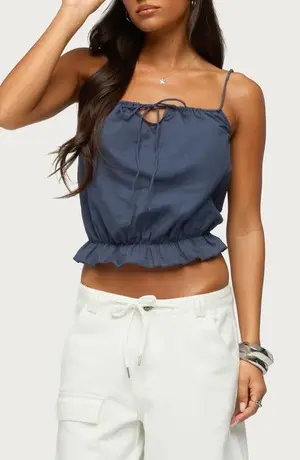 EDIKTED Tohar Keyhole Tie Front Top - Navy