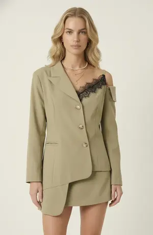 MODENAIRE Asymmetric One Shoulder Tailored Blazer Jacket - Khaki