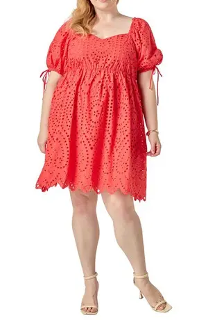 English Factory Scallop Edge Cotton Eyelet Minidress - Red