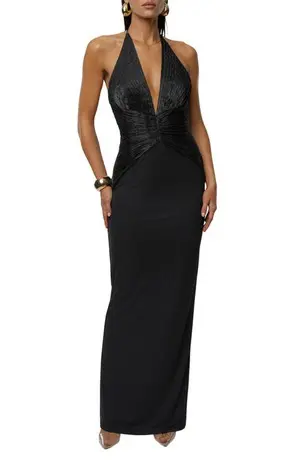 JLUXLABEL Enchanted Plunge Neck Mixed Media Gown