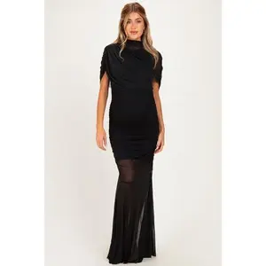 PINKBLUSH Draped Bodice Ruched Mesh Maxi Dress