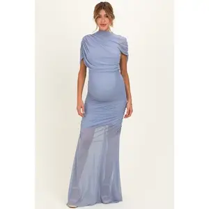 PINKBLUSH Draped Bodice Ruched Mesh Maxi Dress - Blue