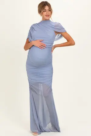 PINKBLUSH Draped Bodice Ruched Mesh Maxi Dress