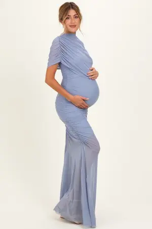 PINKBLUSH Draped Bodice Ruched Mesh Maxi Dress