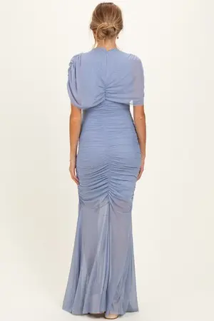 PINKBLUSH Draped Bodice Ruched Mesh Maxi Dress