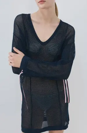 Mango Open Knit V-neck Long Sleeve Mini Dress With Cuff Ties