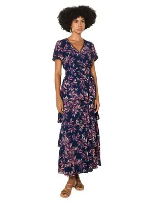 APRICOT Tiered Leaf Print Dress - Navy