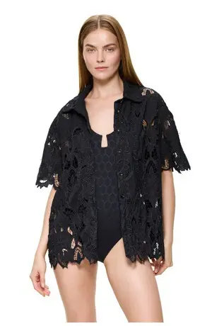 GOTTEX Guipure Lace Short Sleeve Shirt Cover-up - Black