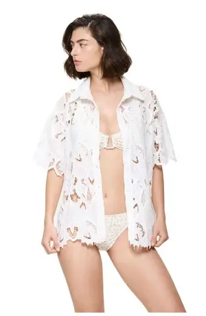 GOTTEX Guipure Lace Short Sleeve Shirt Cover-up - White