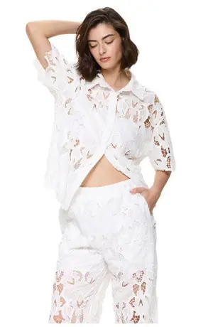 GOTTEX Guipure Lace Short Sleeve Shirt Cover-up - White