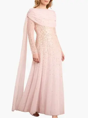 NEEDLE & THREAD Moonlight Sequin Draped Long Sleeve Gown - Shell/gold