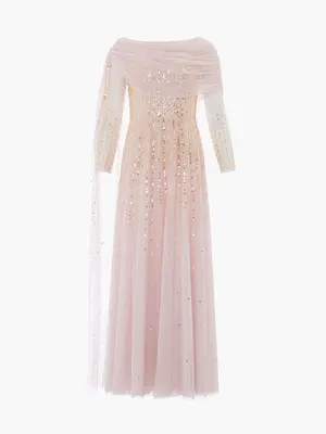 NEEDLE & THREAD Moonlight Sequin Draped Long Sleeve Gown - Shell/gold
