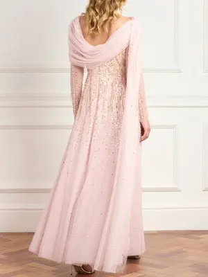 NEEDLE & THREAD Moonlight Sequin Draped Long Sleeve Gown - Shell/gold