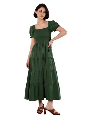 APRICOT Smocked Cotton Poplin Midi Dress - Green