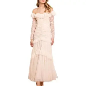 NEEDLE & THREAD Sequin Glimmer Rouched Off-shoulder Gown - Cream