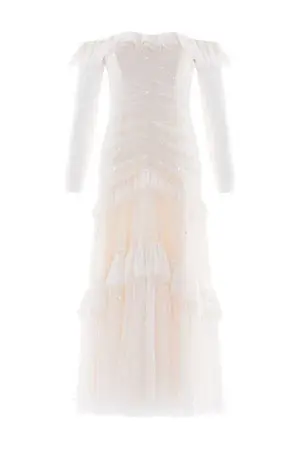 NEEDLE & THREAD Sequin Glimmer Rouched Off-shoulder Gown