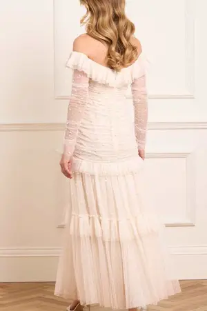 NEEDLE & THREAD Sequin Glimmer Rouched Off-shoulder Gown
