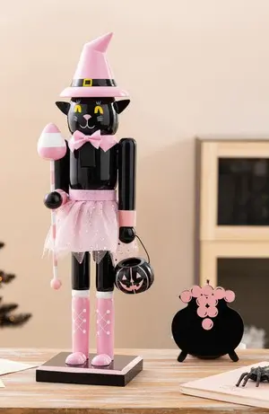GLITZHOME Halloween Wooden Black Cat Nutcracker With Pumpkin Ornament