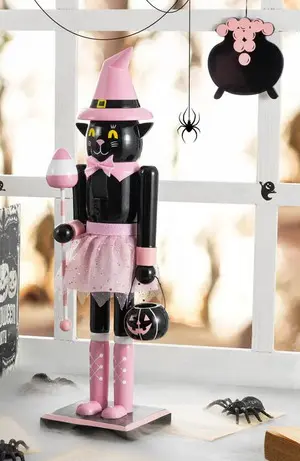 GLITZHOME Halloween Wooden Black Cat Nutcracker With Pumpkin Ornament