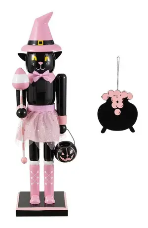 GLITZHOME Halloween Wooden Black Cat Nutcracker With Pumpkin Ornament