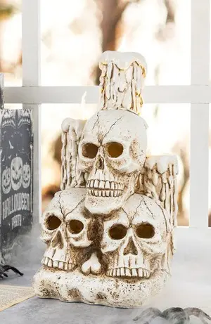 GLITZHOME Halloween Lighted Resin Reaper Skulls Candles Figurine - White