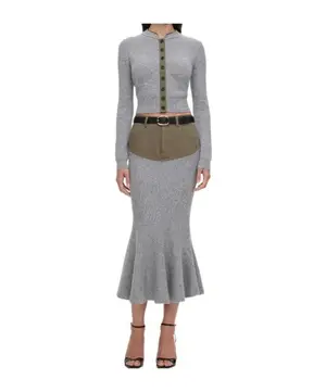 SELF-PORTRAIT Knit Khaki Denim Insert Midi Skirt - Grey