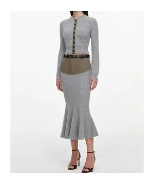 SELF-PORTRAIT Knit Khaki Denim Insert Midi Skirt