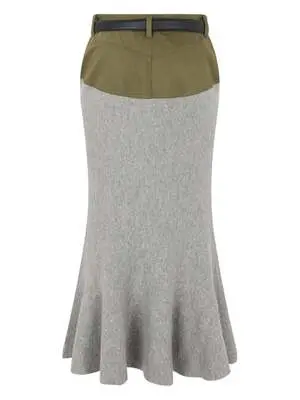 SELF-PORTRAIT Belted Contrast Panel Knitted Skirt - Grey