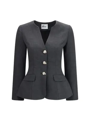 SELF-PORTRAIT Wool Collarless Jacket With Pearl-topped Gold Buttons - Grey