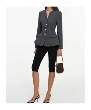 SELF-PORTRAIT Wool Collarless Jacket With Pearl-topped Gold Buttons - Grey