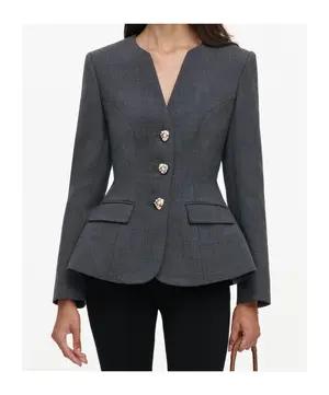 SELF-PORTRAIT Wool Collarless Jacket With Pearl-topped Gold Buttons - Grey