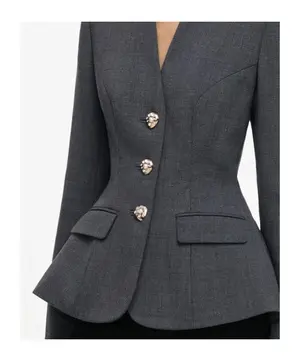 SELF-PORTRAIT Wool Collarless Jacket With Pearl-topped Gold Buttons - Grey