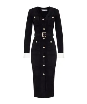 SELF-PORTRAIT Belted Buttoned Midi Dress - Black