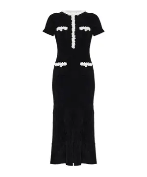 SELF-PORTRAIT Floral-appliqué Ribbed-knit Midi Dress - Black