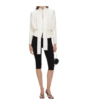 SELF-PORTRAIT Draped Tie-neck Top With Button Closure - Cream