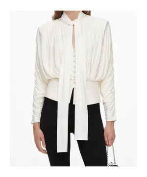 SELF-PORTRAIT Draped Tie-neck Top With Button Closure - Cream
